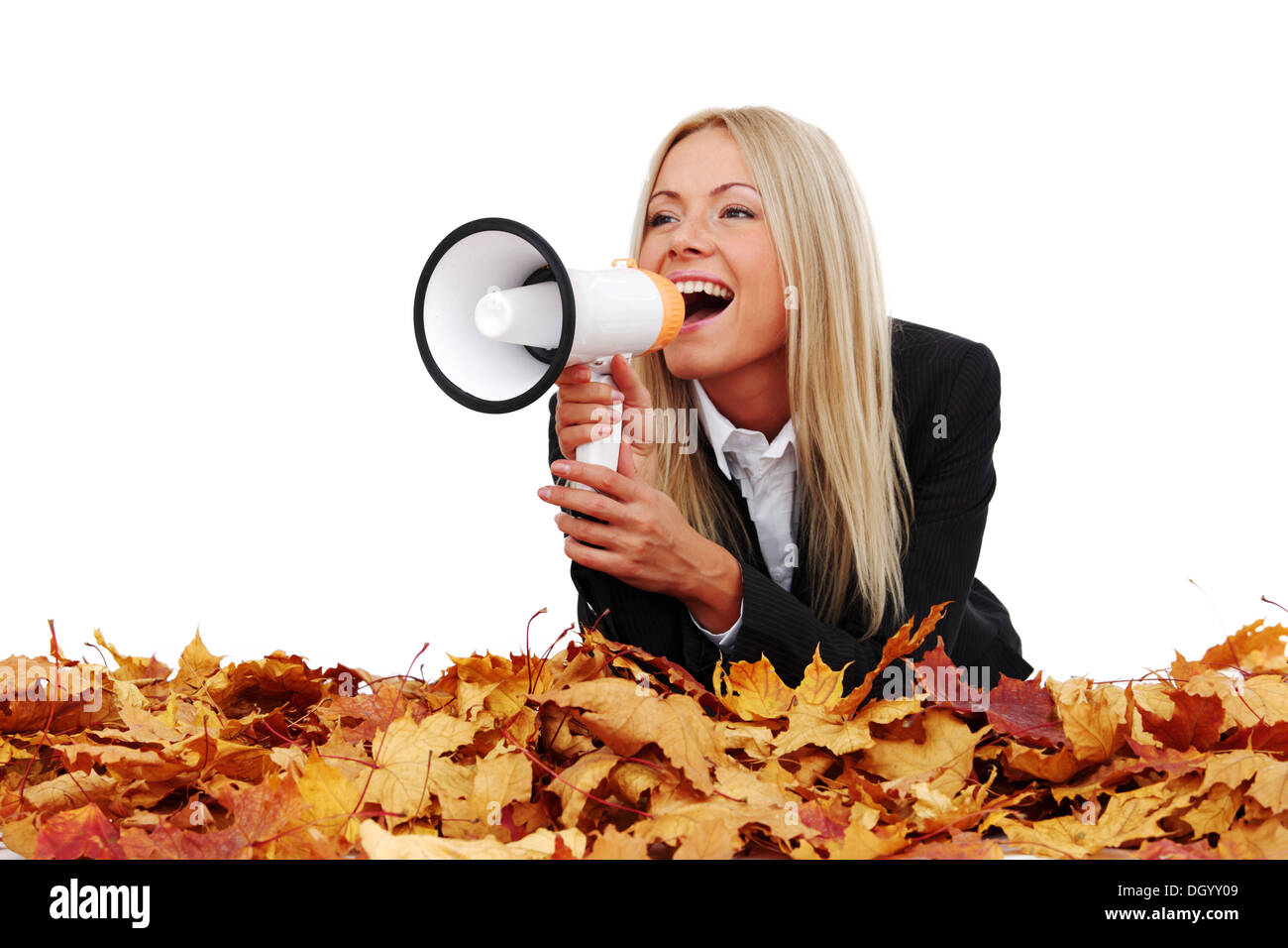 autumn businesswoman with megaphone studio isolated in studio Stock ...