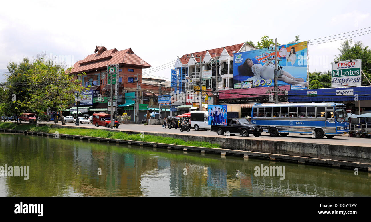 Maenam riverside and road with traffic in Chiang Mai, Thailand, Asia ...