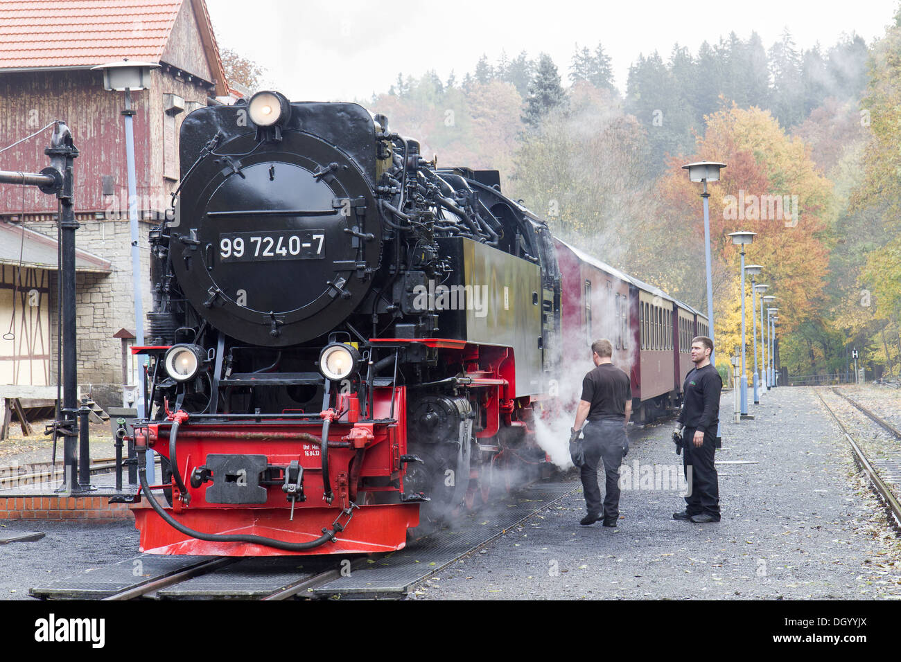 Steam locomotive pulling a passenger train on the Harz mountain Railway ...