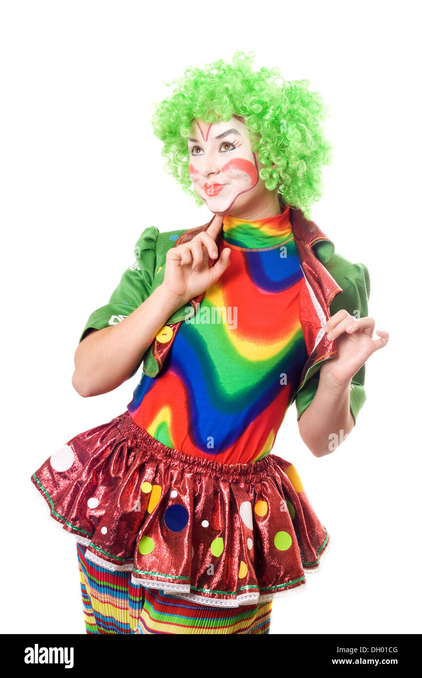 Portrait of expressive female clown. Isolated on white background Stock ...