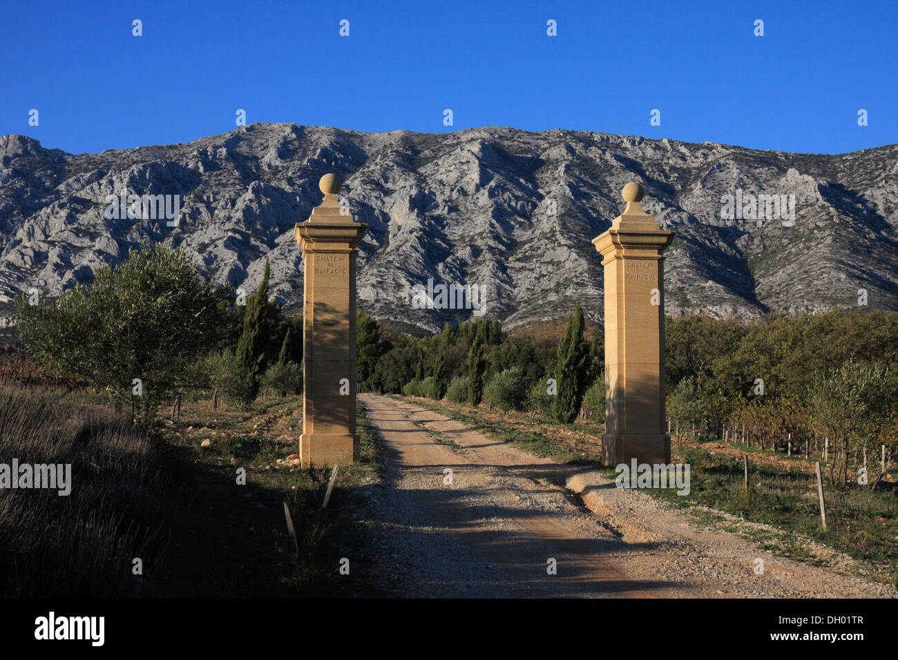 Driveway of the Château Maupague winery, in front of Montagne Sainte ...