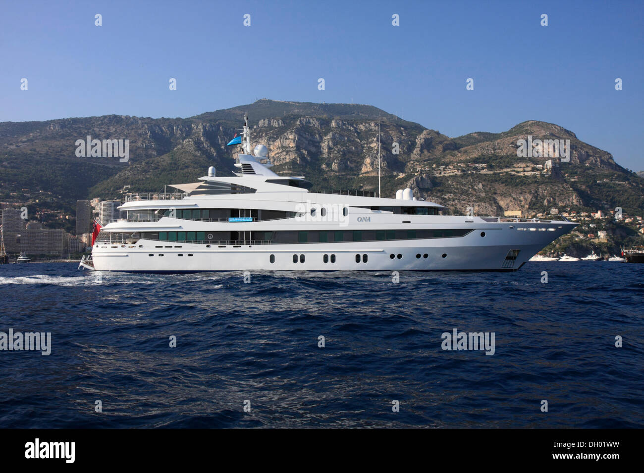 Ona motor yacht in front of Mont Agel, during the Monaco Yacht Show ...