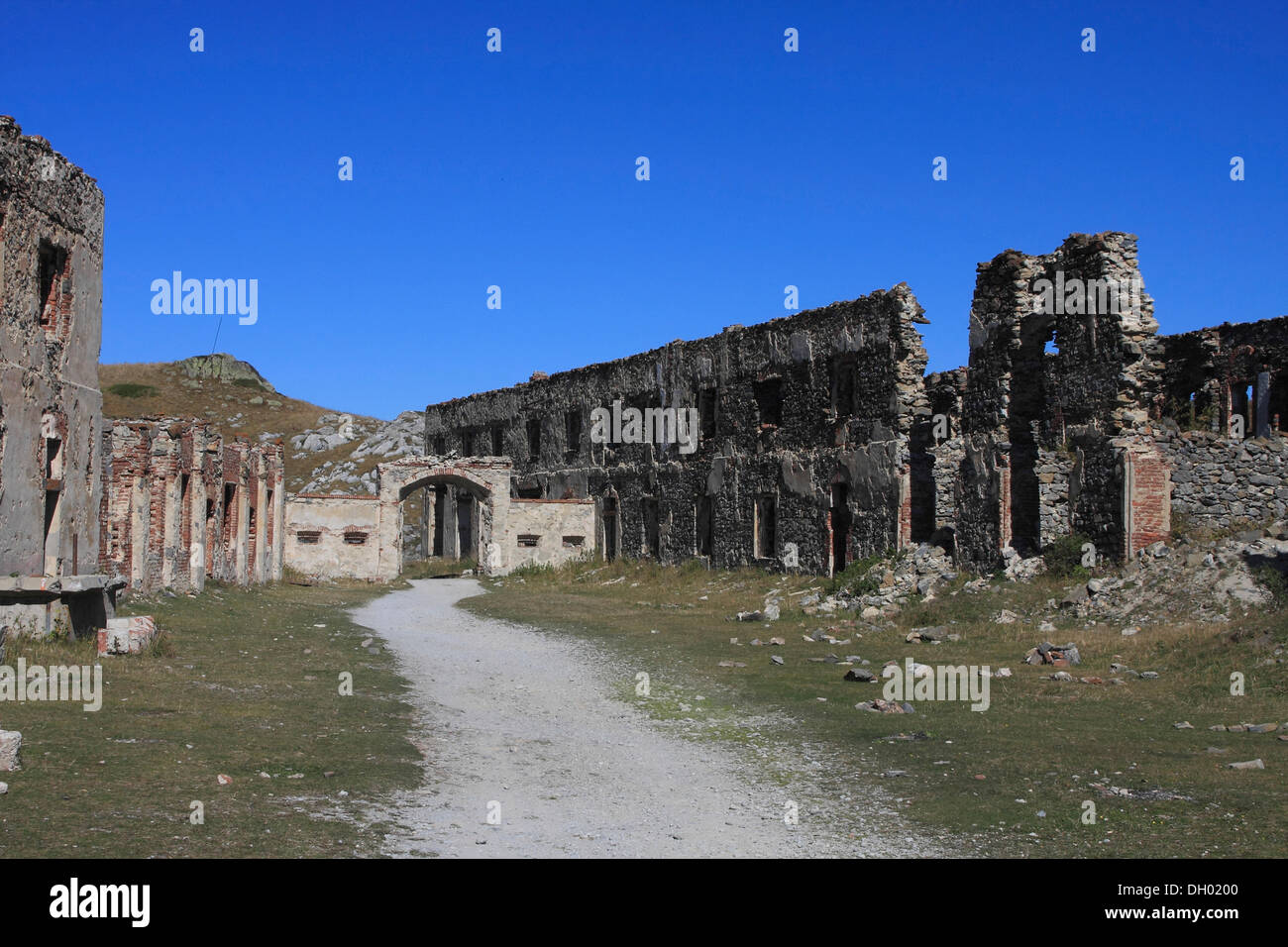 Ruins of the barracks at Fort Central on Col de Tende mountain pass ...