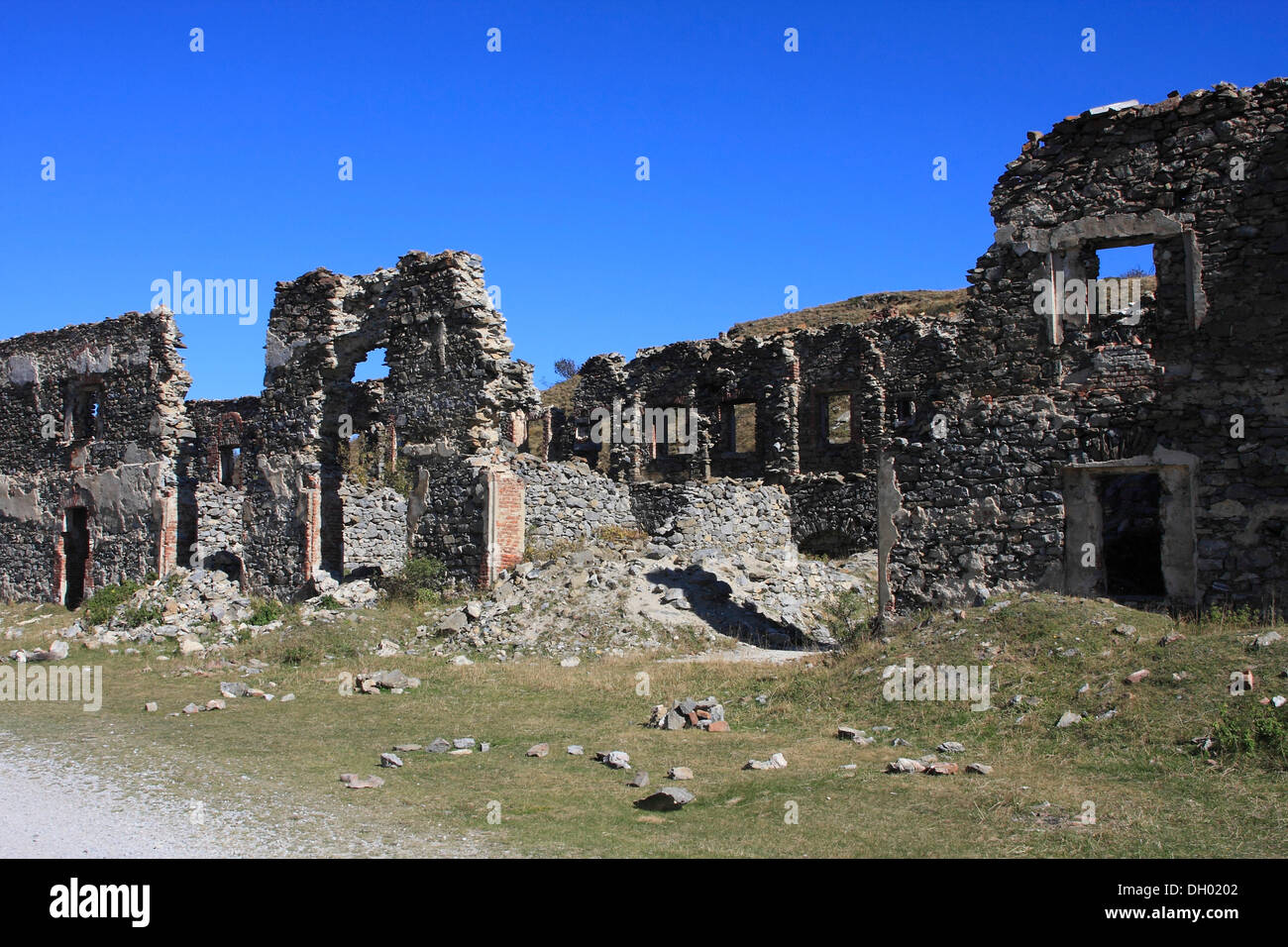 Ruins of the barracks at Fort Central on Col de Tende mountain pass ...