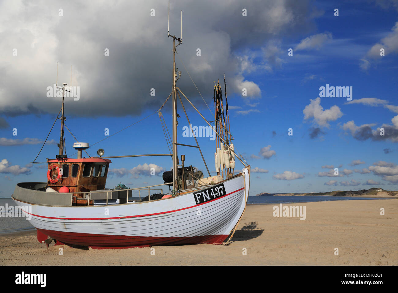 Fishing boat on the beach of Lokken, North Jytland, Denmark, Europe ...