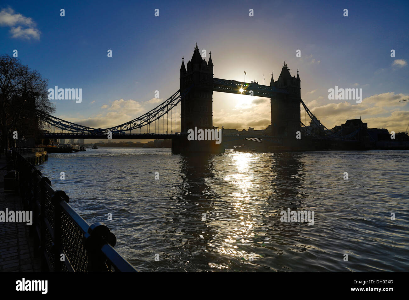Tower Bridge with backlighting in the morning, River Thames, City of ...