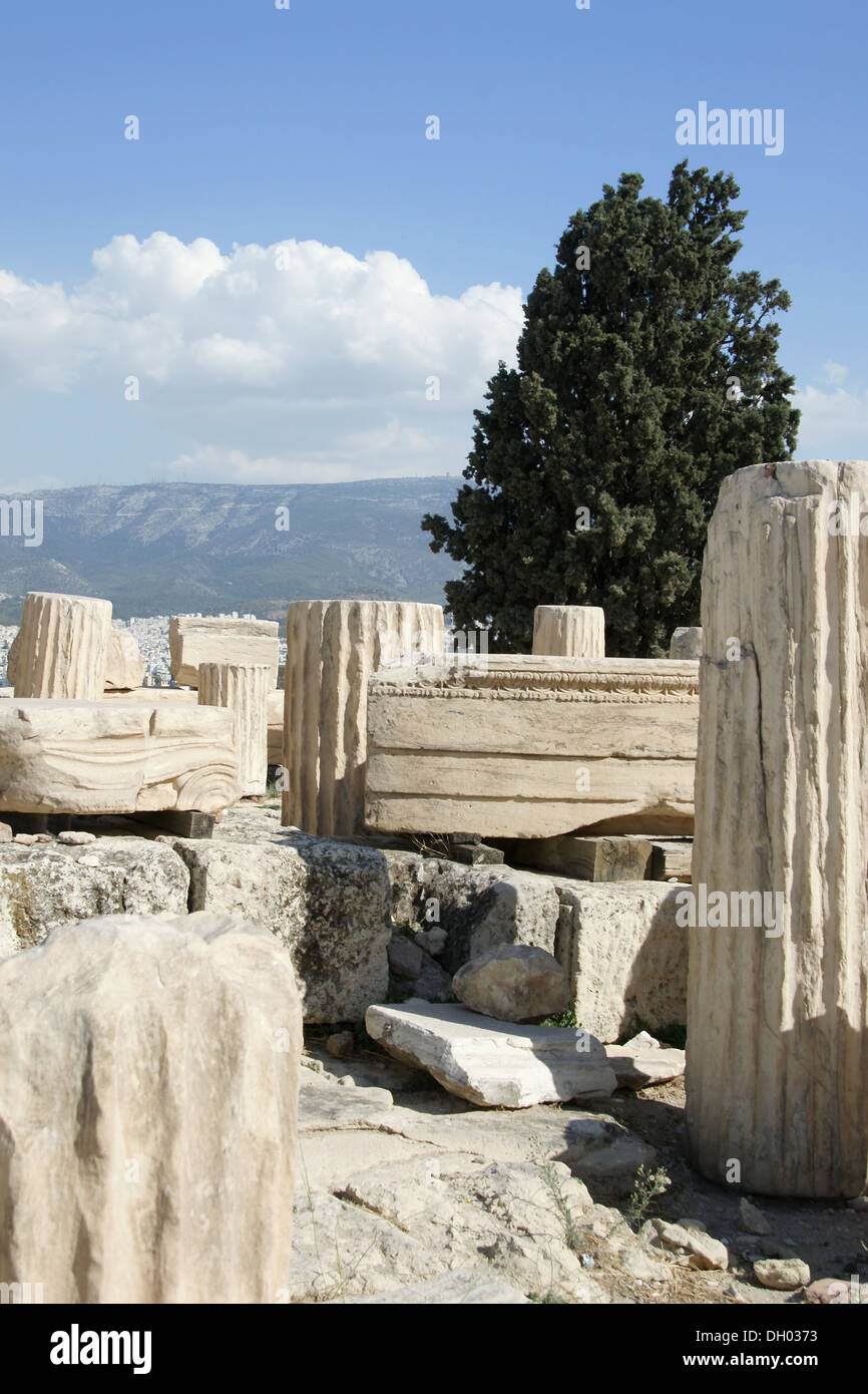 Stone column ruins at the Parthenon temple on the Acropolis, Athens ...