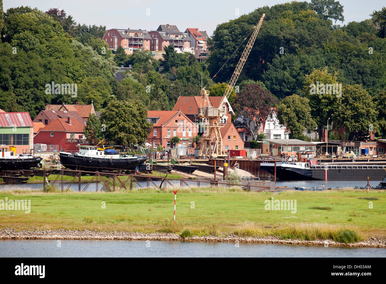 Boats and shipyard with crane, Elbe river, Lauenburg Elbe, Lauenburg ...