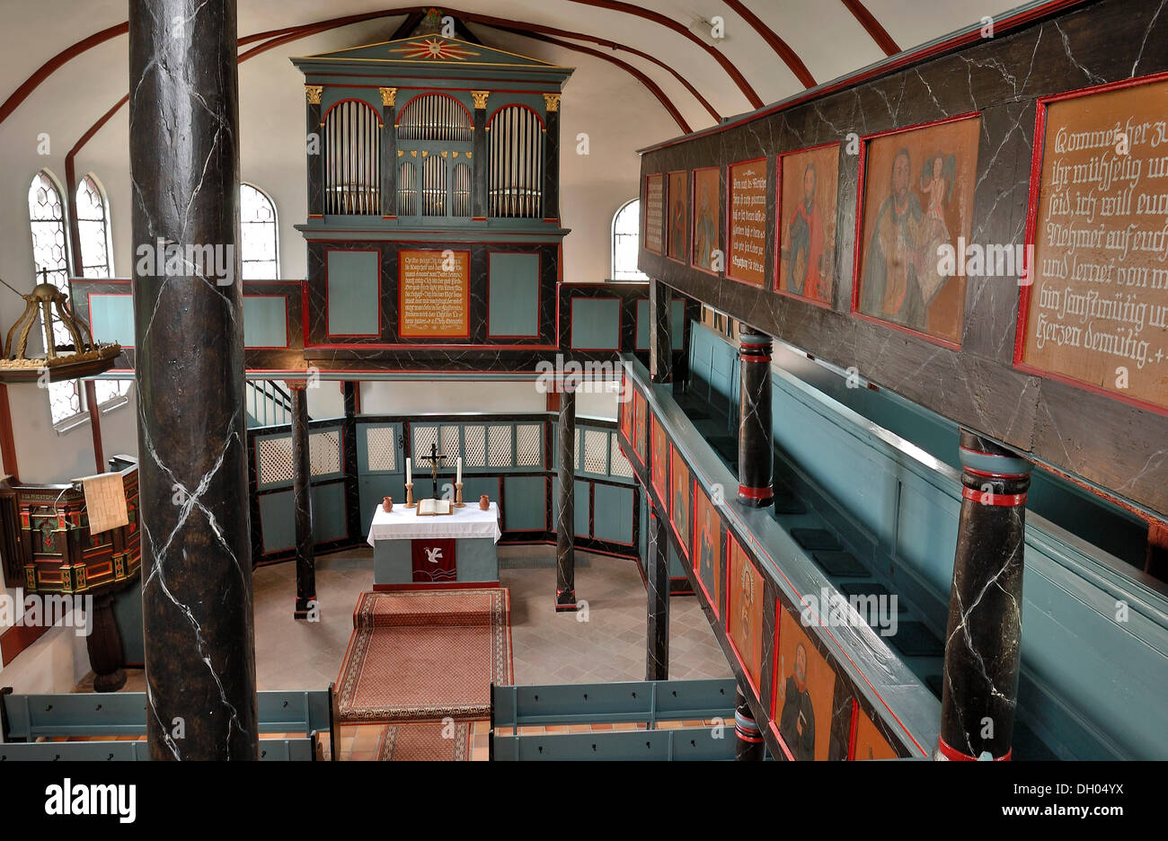 Inner hall with altar and organ, half-timbered Stumpertenrod church ...