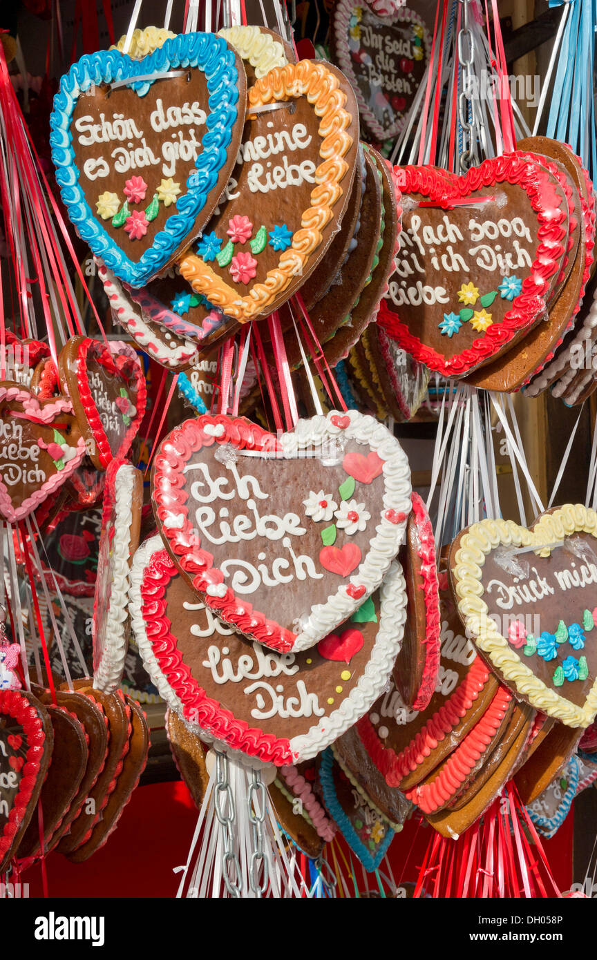 Gingerbread hearts, Wies'n, Oktoberfest, Munich, Upper Bavaria, Bavaria ...