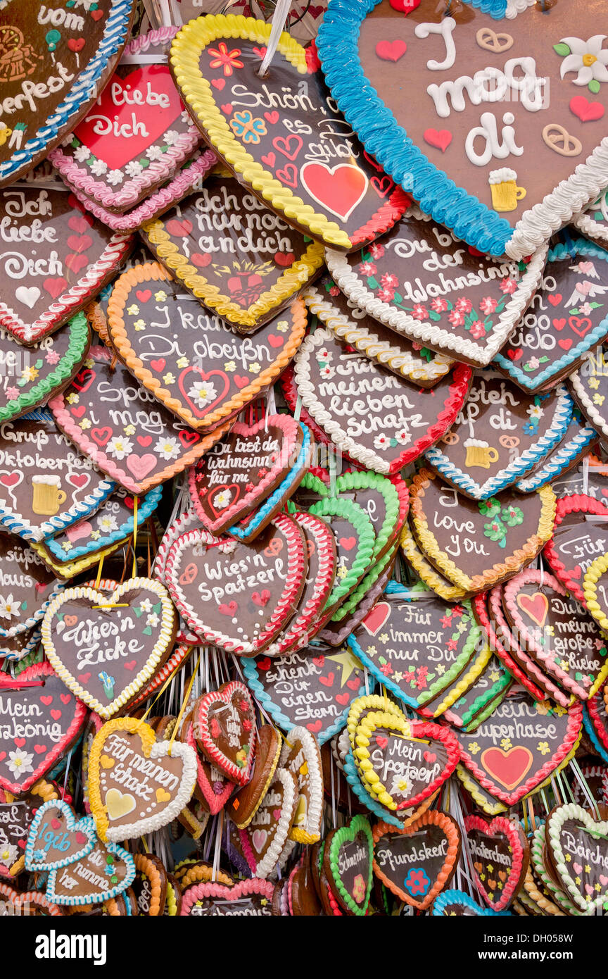 Gingerbread hearts, Wies'n, Oktoberfest, Munich, Upper Bavaria, Bavaria ...