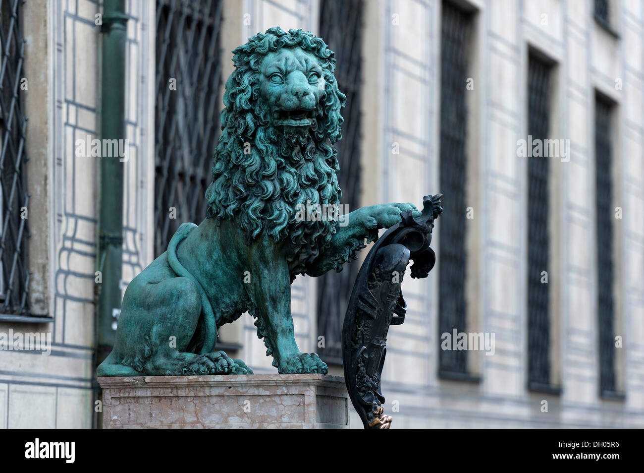 Bronze sculpture, Bavarian Lion at the entrance to the Munich Residenz ...