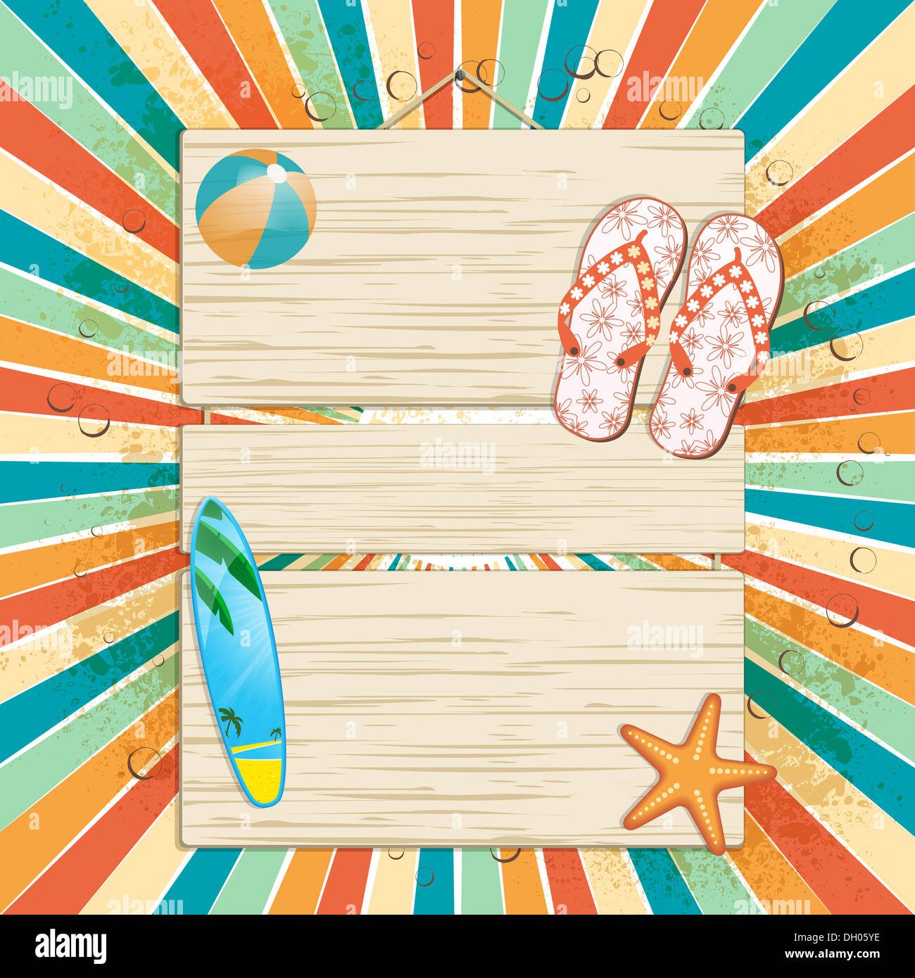Summer Background with Flip Flops, Surf Board, Beach Ball and Star Fish ...