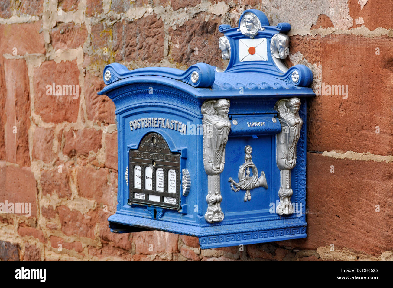 Mailbox, replica from 1896, on a sandstone wall, Büdingen, Hesse ...