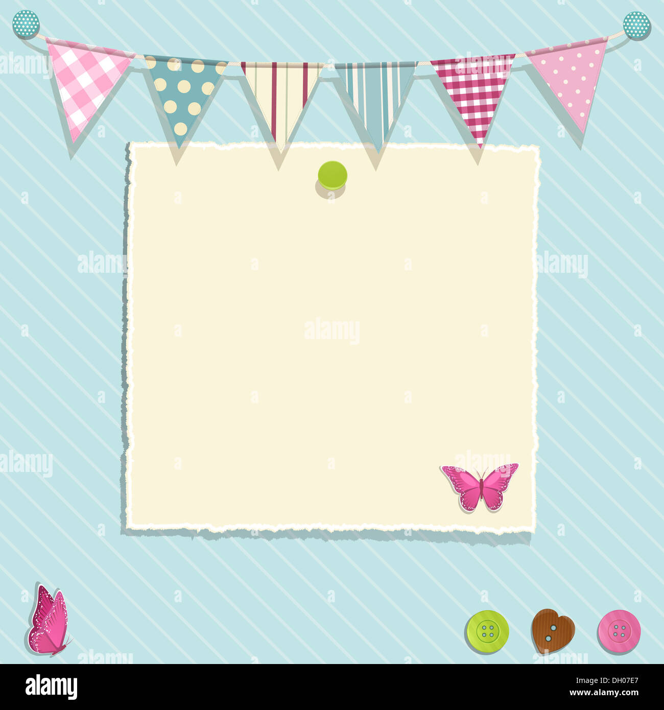 Scrap book background with bunting, torn paper and buttons Stock Photo ...