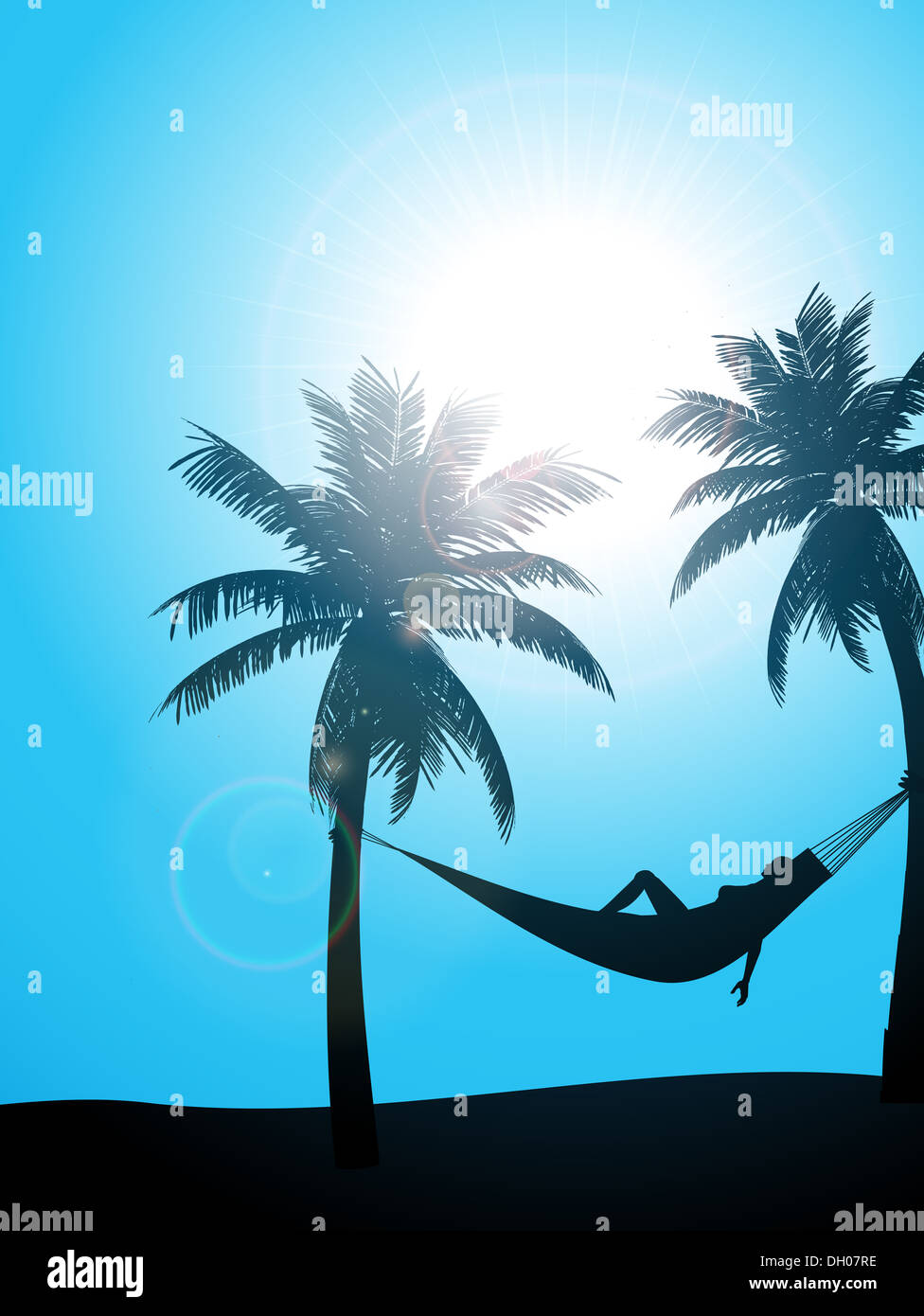 Summer Tropical Background with Woman Sunbathing in a Hammock hung ...