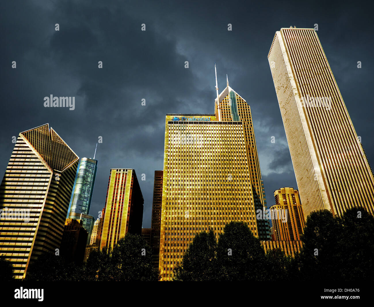 Chicago’s downtown skyline is captured during a thunderstorm at dawn ...