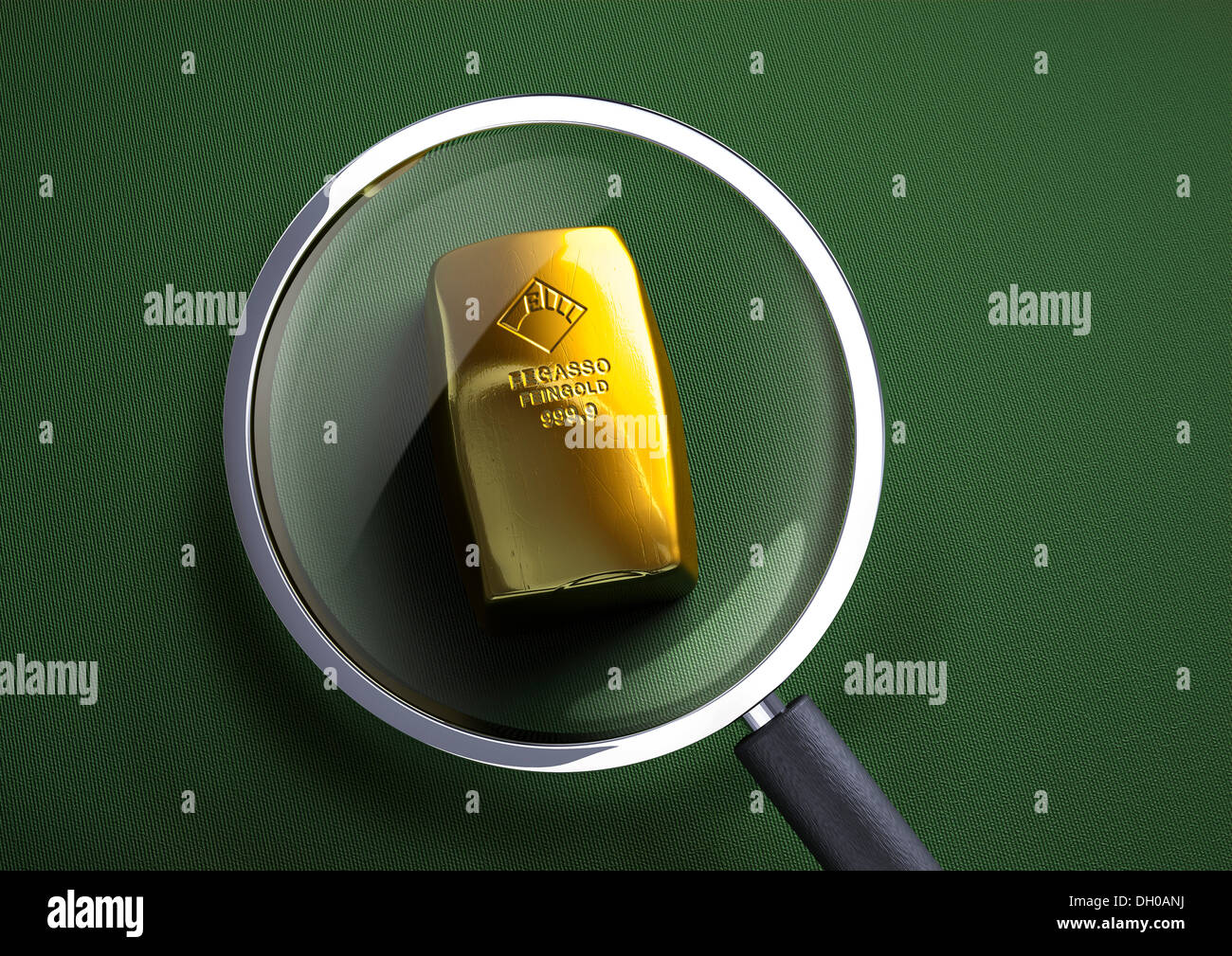 Gold bar under a magnifying glass, 3D rendering, illustration Stock ...