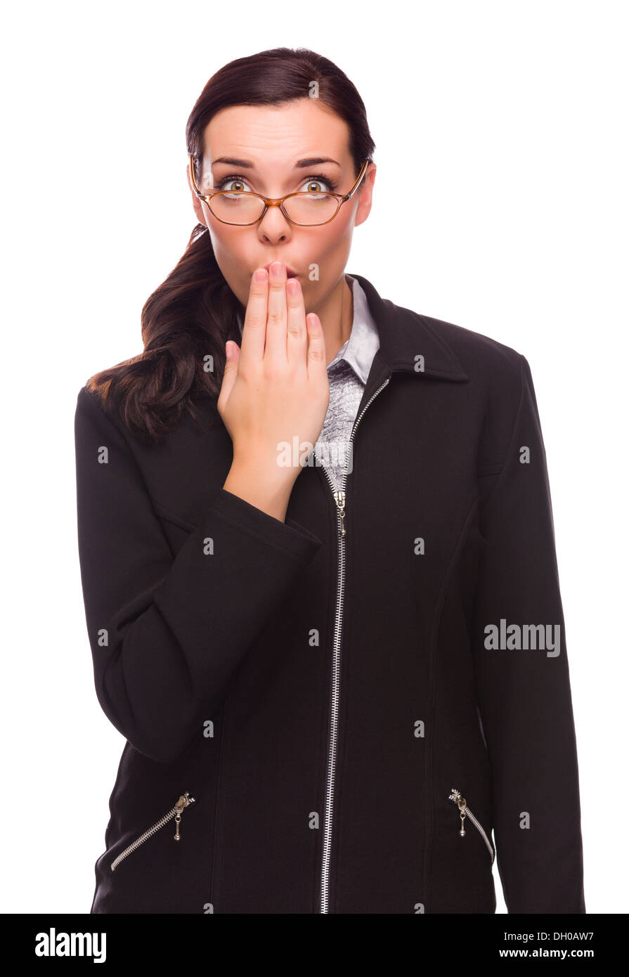 Surprised Mixed Race Businesswoman Puts Hand Over Her Lips Isolated on ...