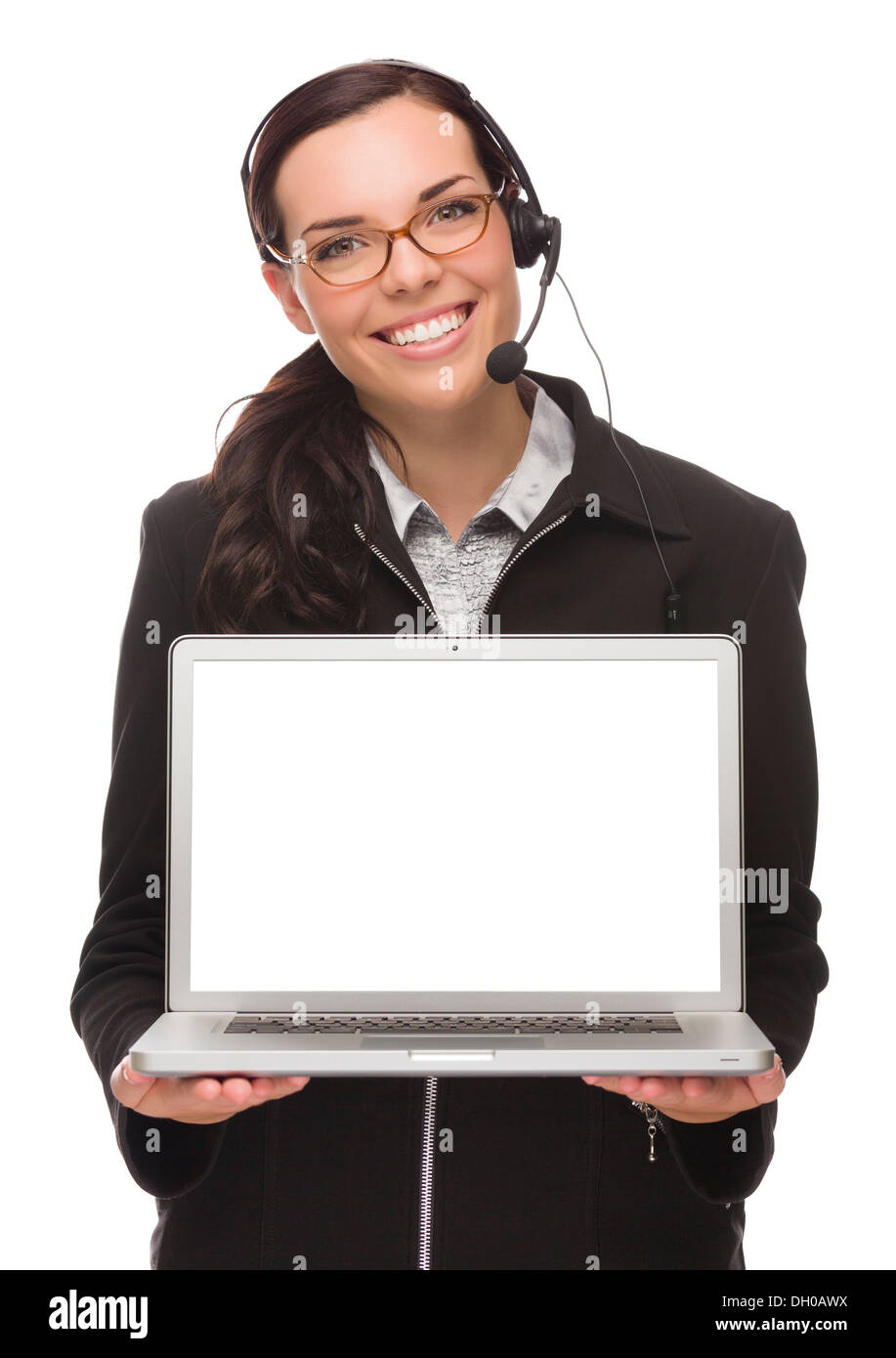 Confident Mixed Race Businesswoman Wearing Headset Holds Computer With ... Confident Mixed Race Businesswoman Wearing Headset Holds Computer With ...