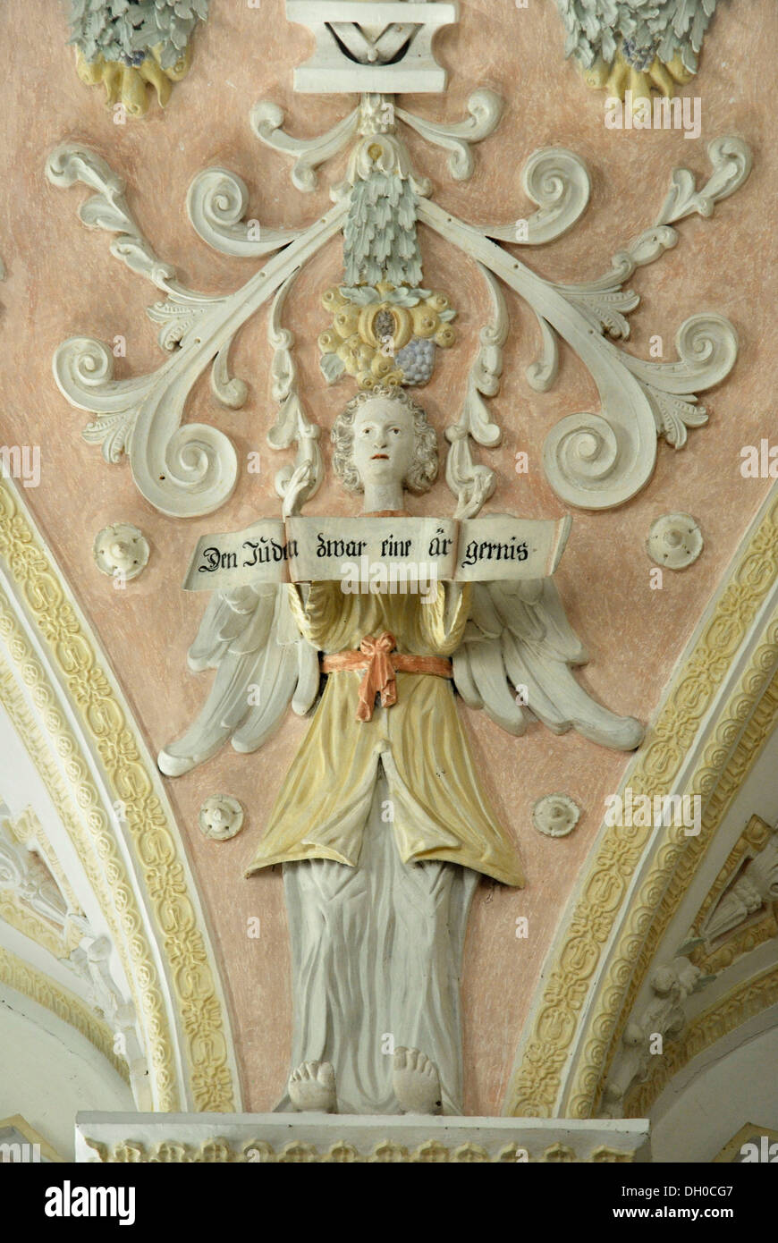 Religious depiction of an angel with a banner, Rococo fresco ...