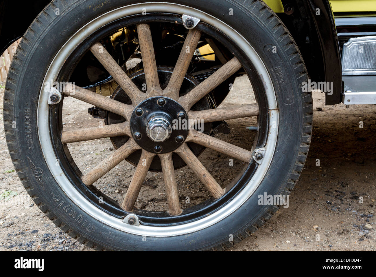Wooden spoked wheel with a steel rim, as fitted to many early motor ...