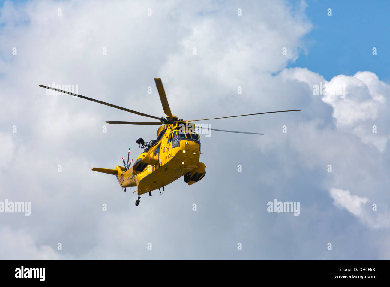Yellow RAF Westland WS-61 Sea King search and rescue helicopter flying ...