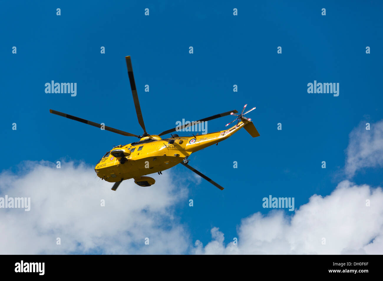 Yellow RAF Westland WS-61 Sea King search and rescue helicopter flying ...