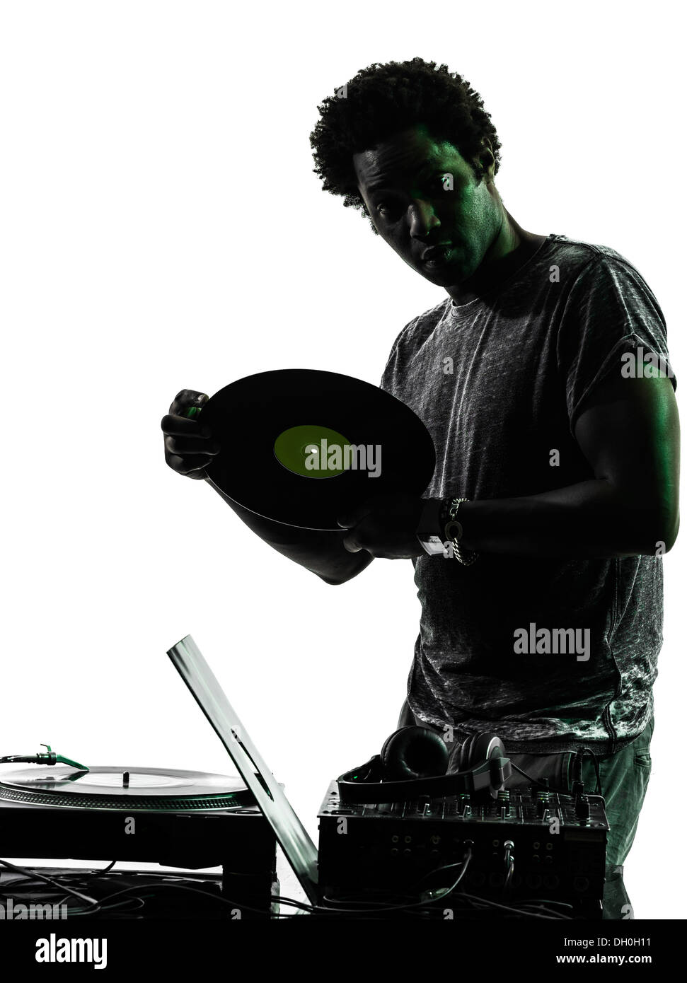 one disc jockey man in silhouette on white background Stock Photo - Alamy