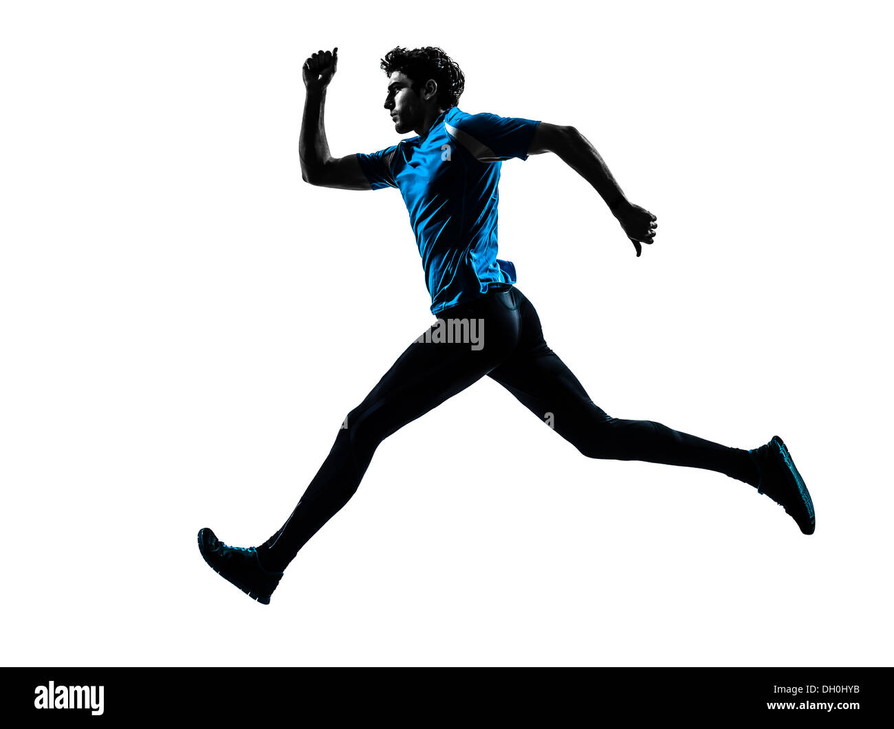 one man running sprinting jogging in silhouette studio isolated on ...