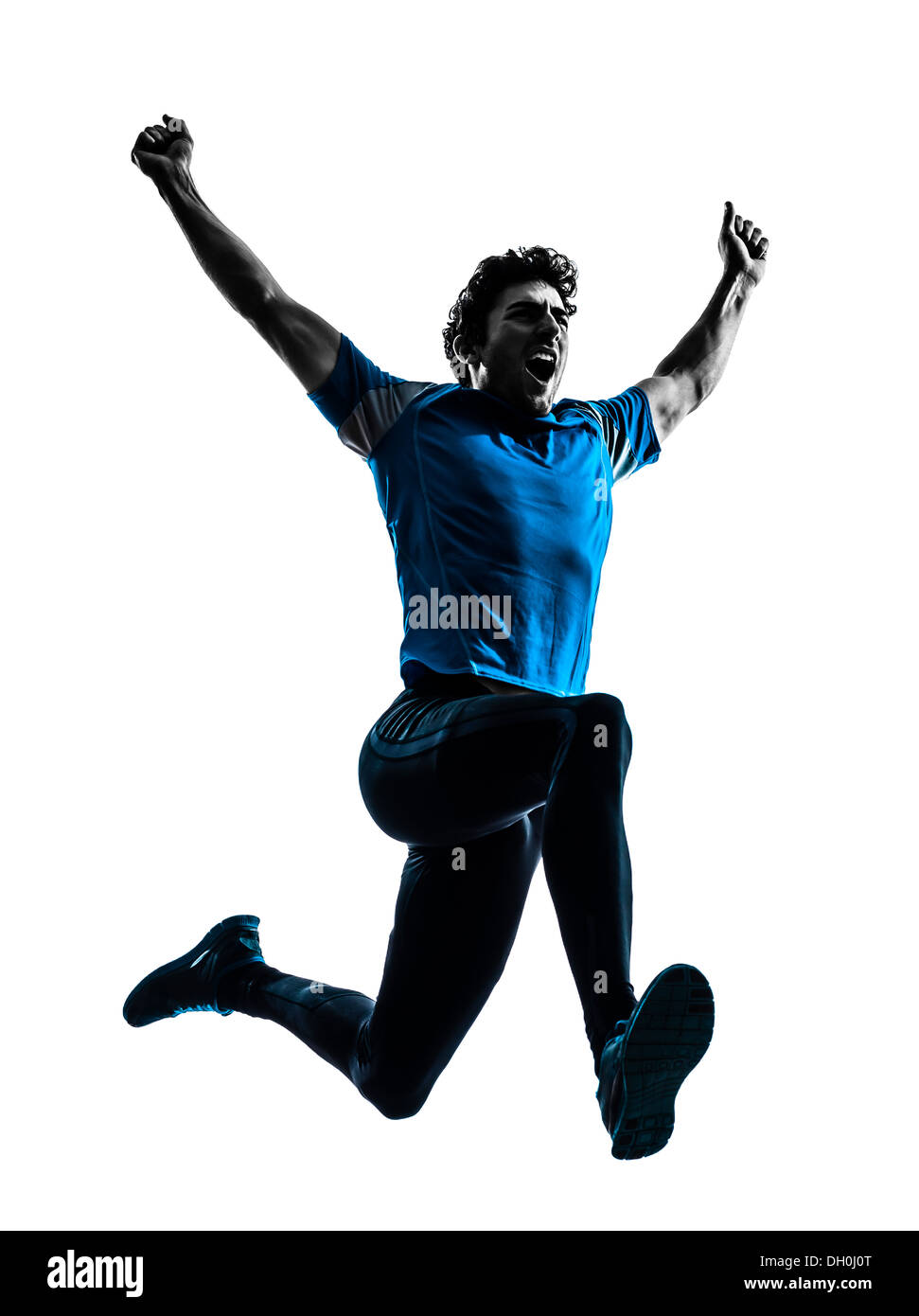 one man running sprinting jogging shouting in silhouette studio ...