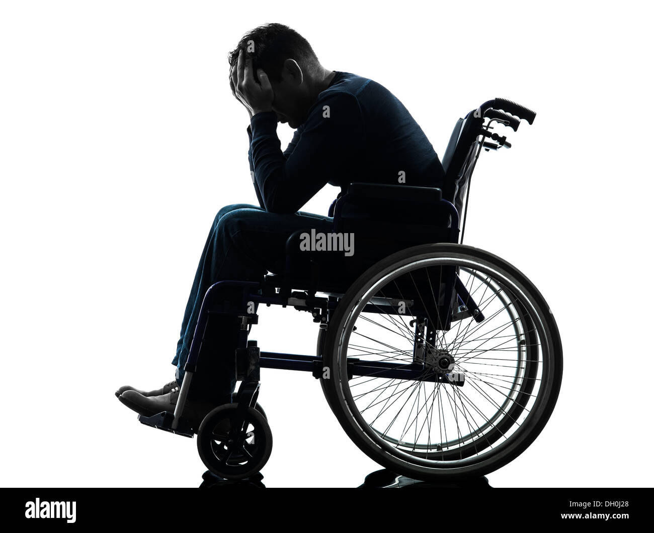 one handicapped man head in hands in silhouette studio on white ...