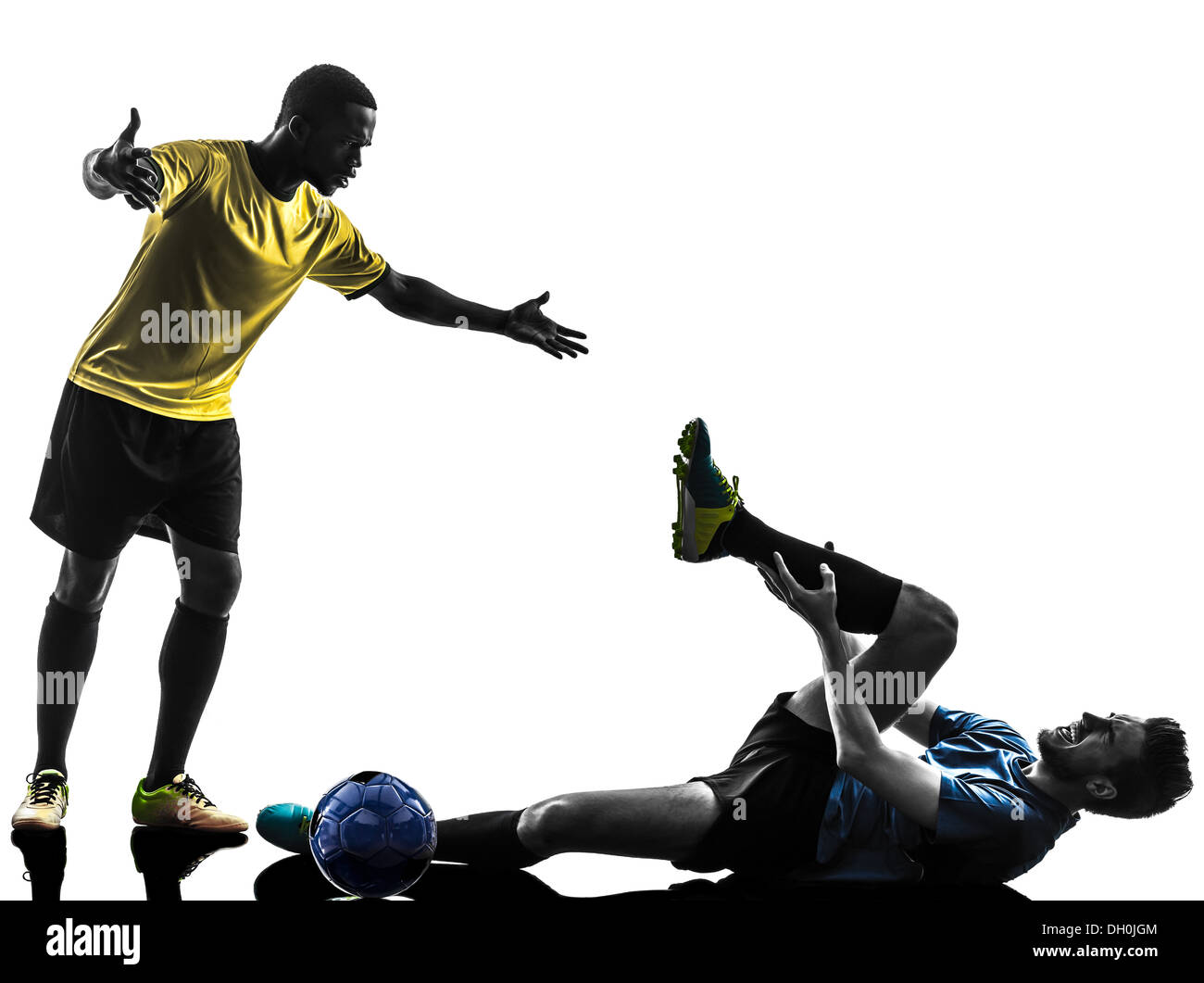 two men soccer player playing football competition complaining foul in ...