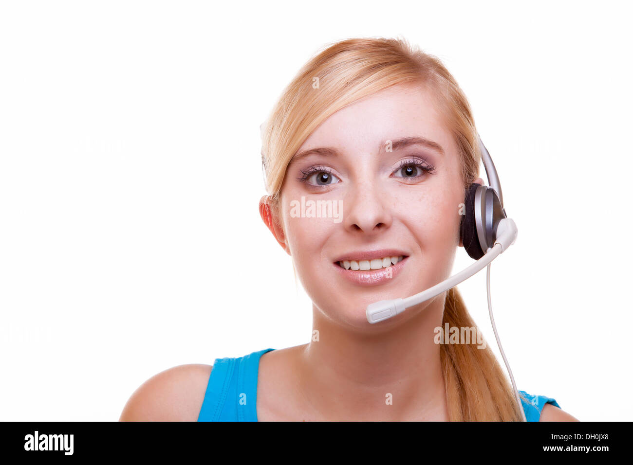 Girl with headphones microphone. Customer service representative ...
