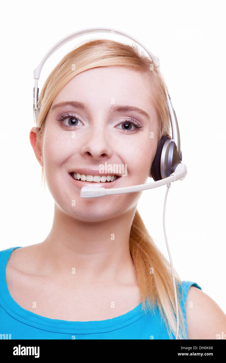 Girl with headphones microphone. Customer service representative ...