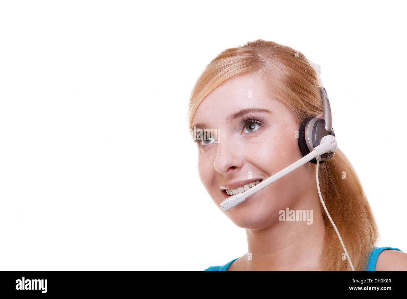 Girl with headphones microphone. Customer service representative ...