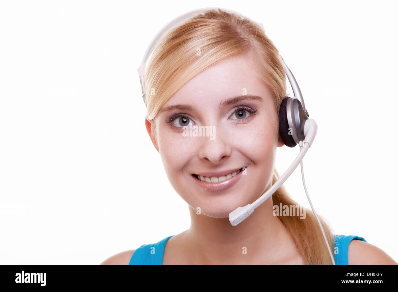 Girl with headphones microphone. Customer service representative ...