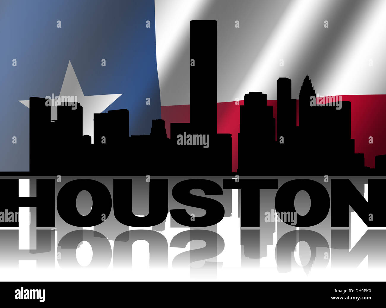 Houston skyline and text reflected with rippled Texan flag illustration ...
