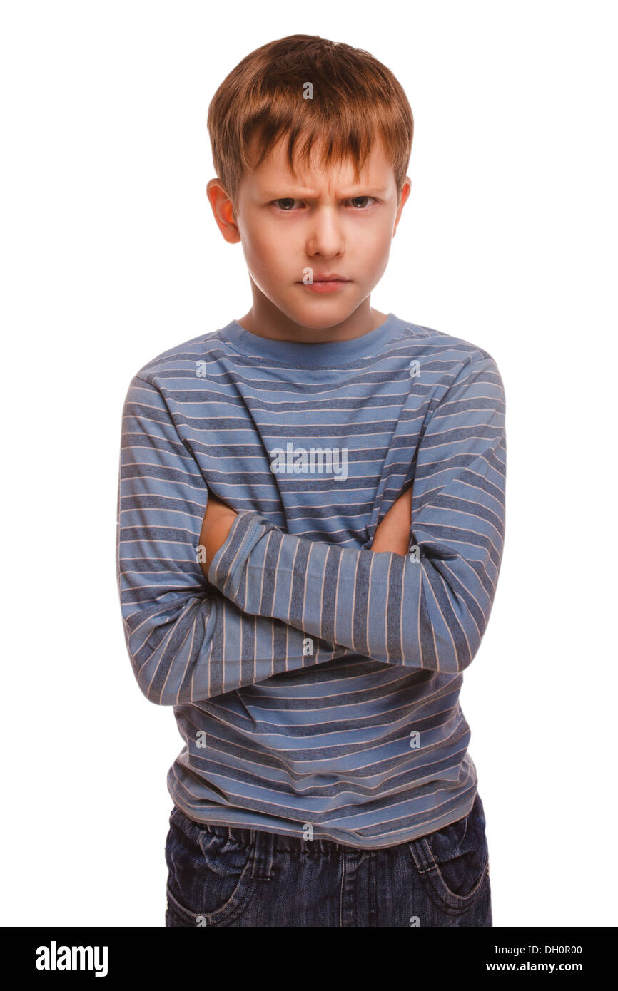 angry restless evil kid gloomy blond boy in striped sweater isolated on ...