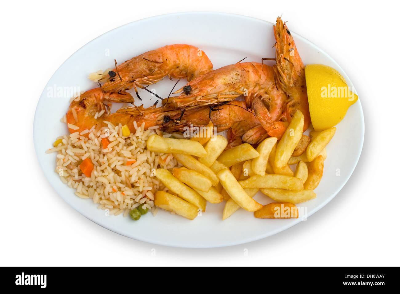 Menu of shrimp, rice and french fries Stock Photo - Alamy