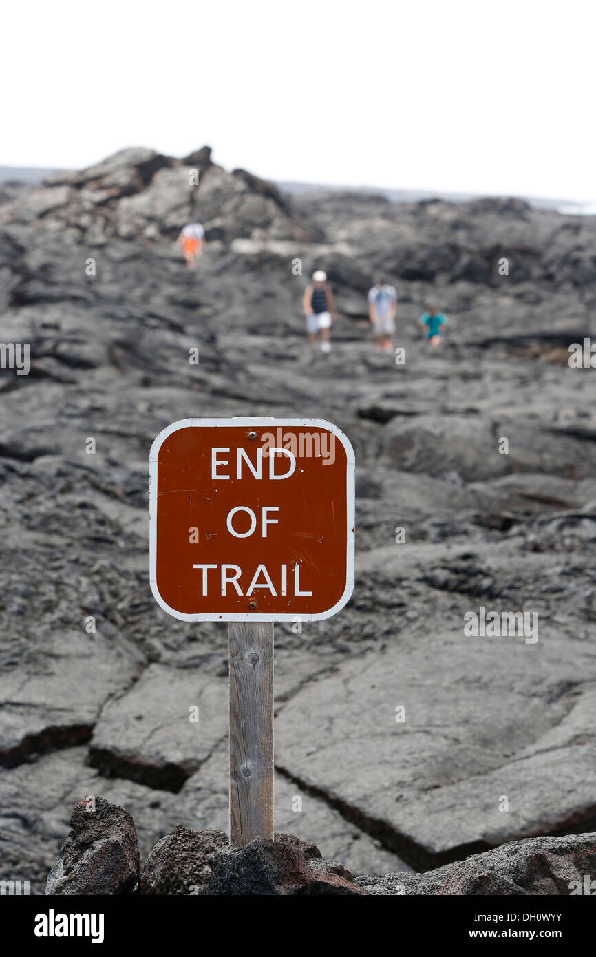 Sign "End of Trail", hikers at the end of the trail, lava field, East ...