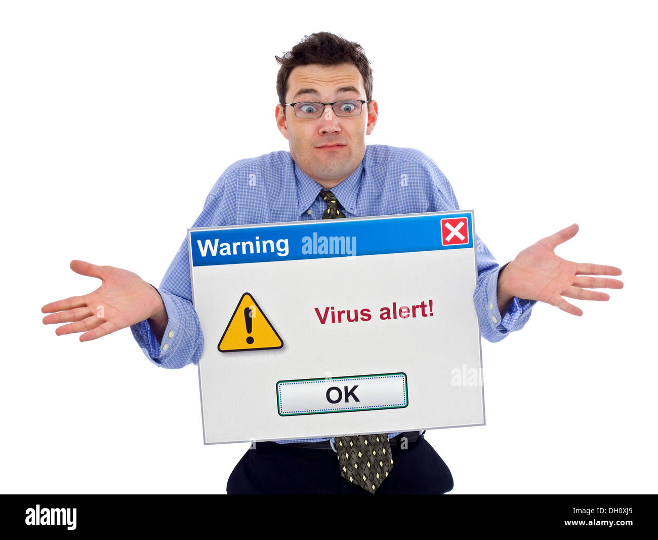 Confused man about a virus alert (big computer software dialog box ...