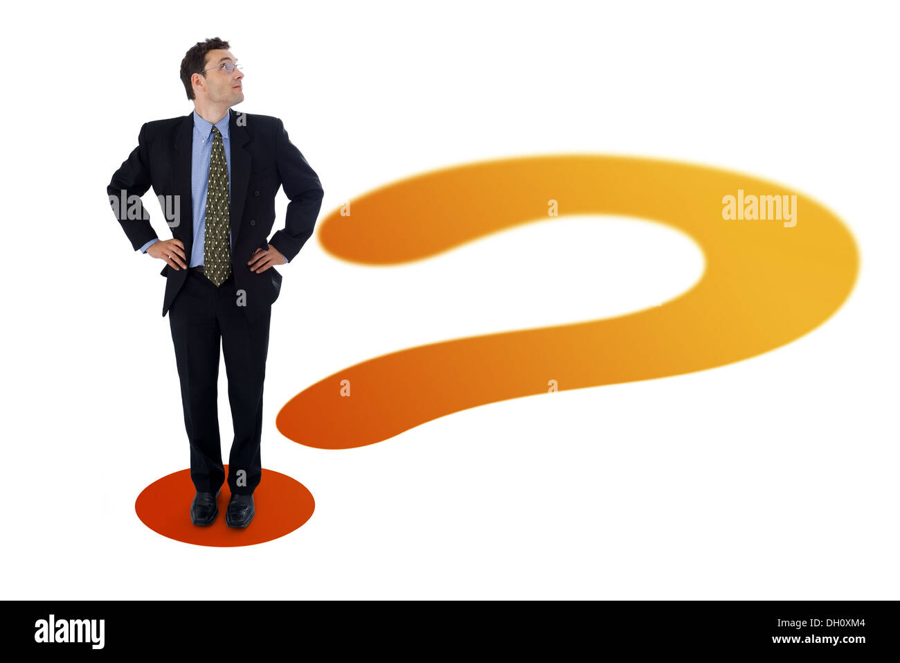 Business man standing on a big question mark's point Stock Photo - Alamy