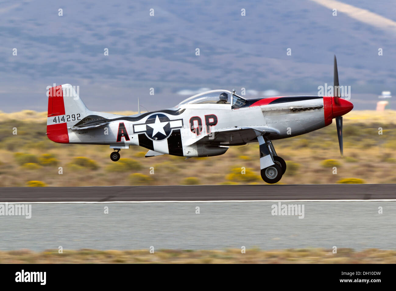 P-51 Mustang Man O War on takeoff at Stead Field in Nevada Stock Photo ...