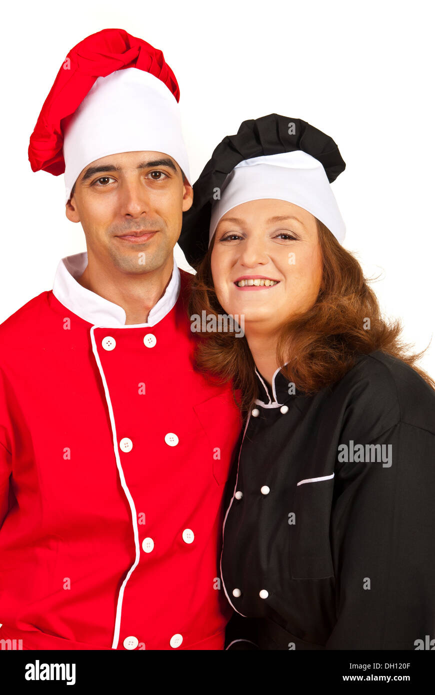 Embraced couple of chefs woman and man isolated on white background ...