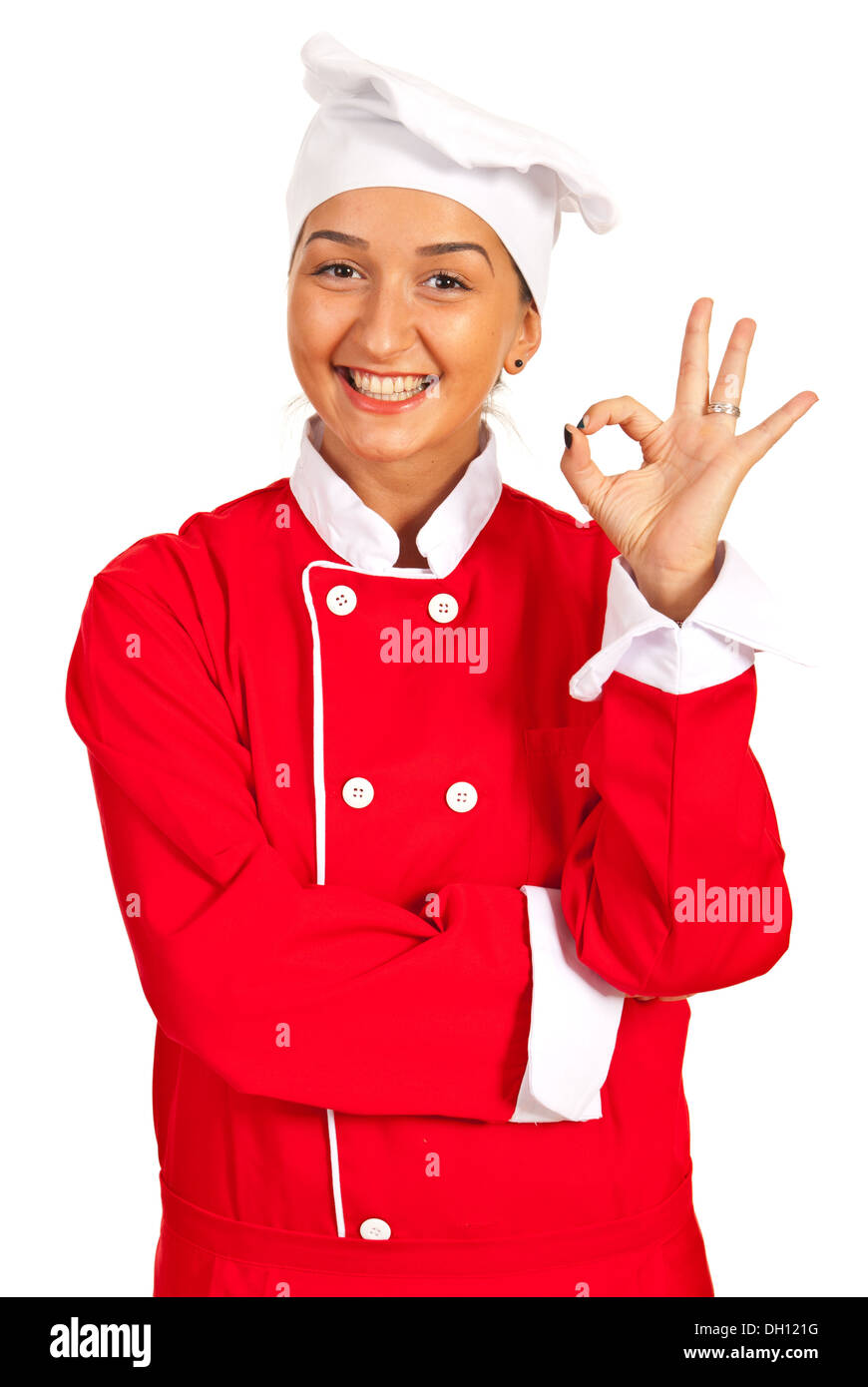Happy chef woman showing okay sign hand gesture isolated on white ...