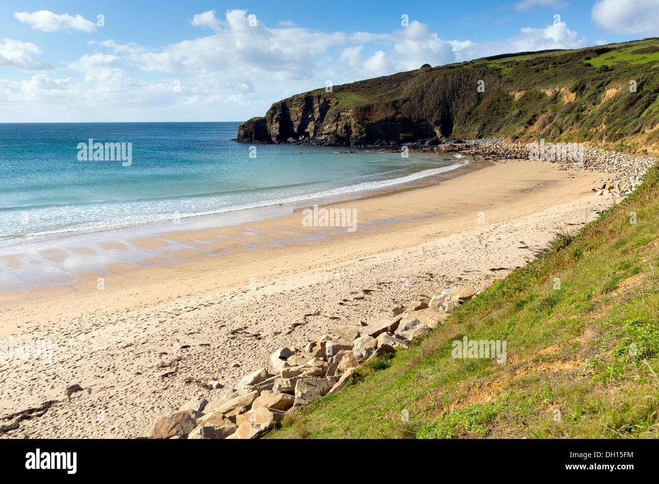 Praa Sands beach Cornwall England with blue sky and sea near Penzance ...