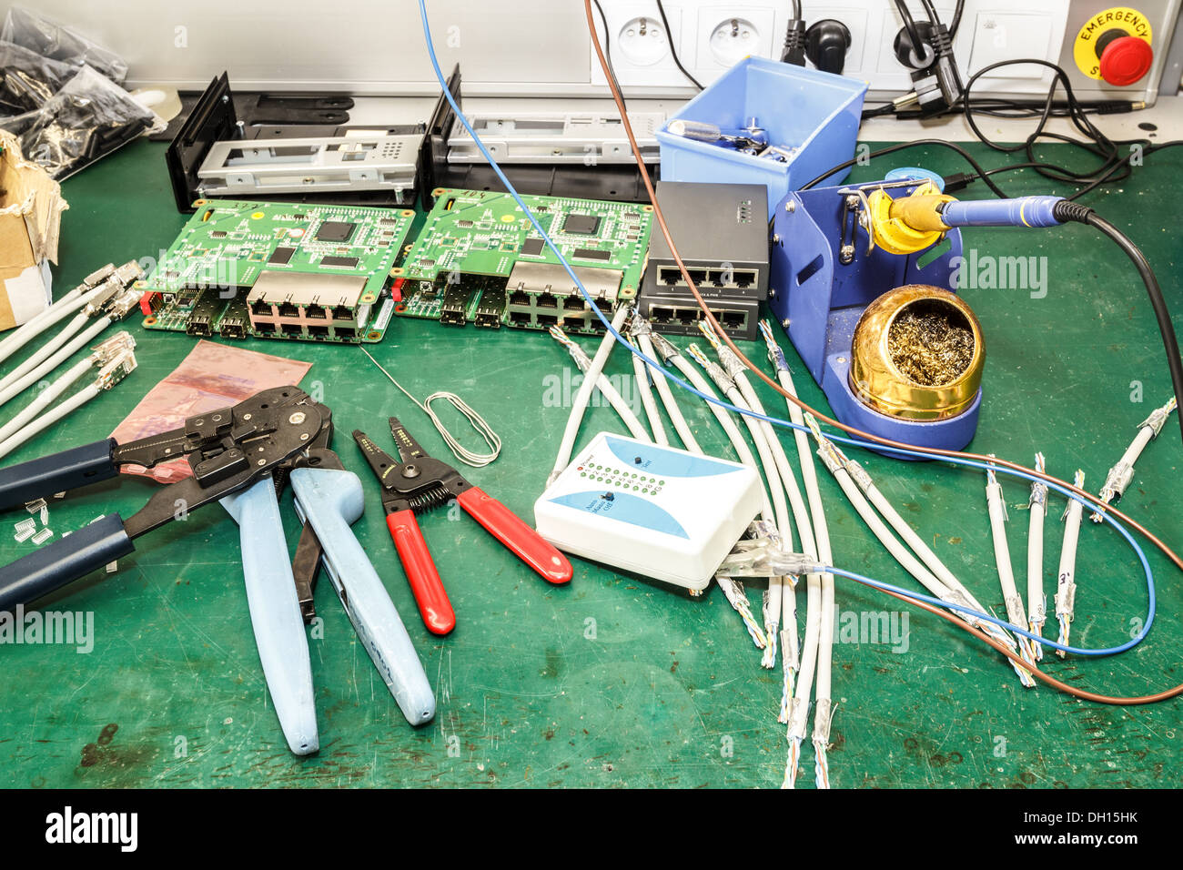 electronics equipment assembly workplace with solder and necessary ...