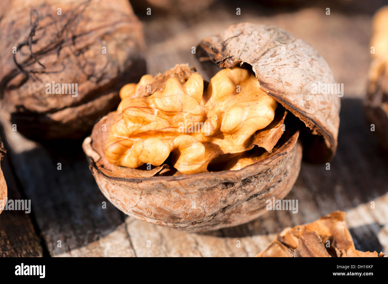 Walnut in the cracked shell on the table Stock Photo - Alamy