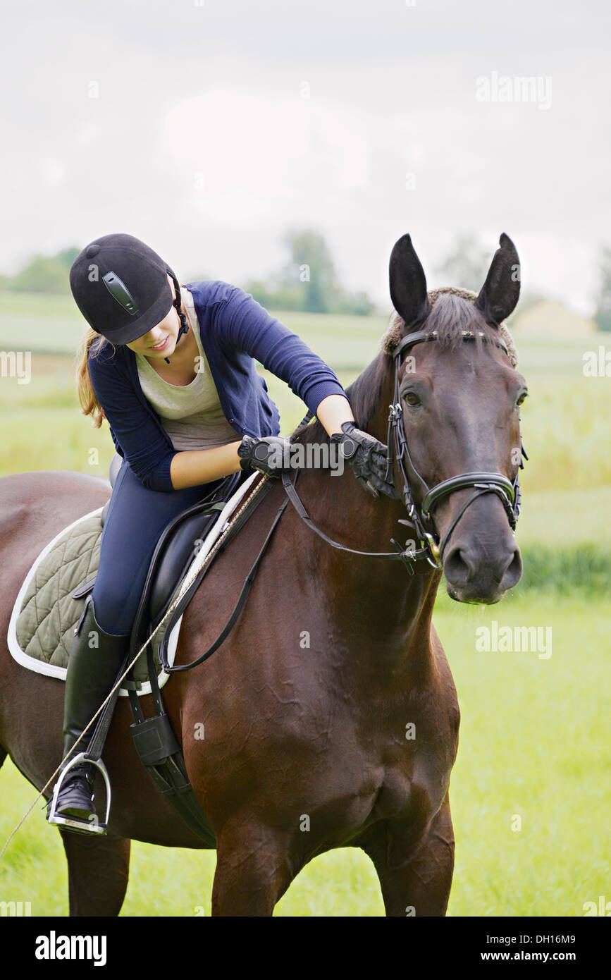 Woman Riding Horse in Rural Landscape, Baden Wuerttemberg, Germany ...
